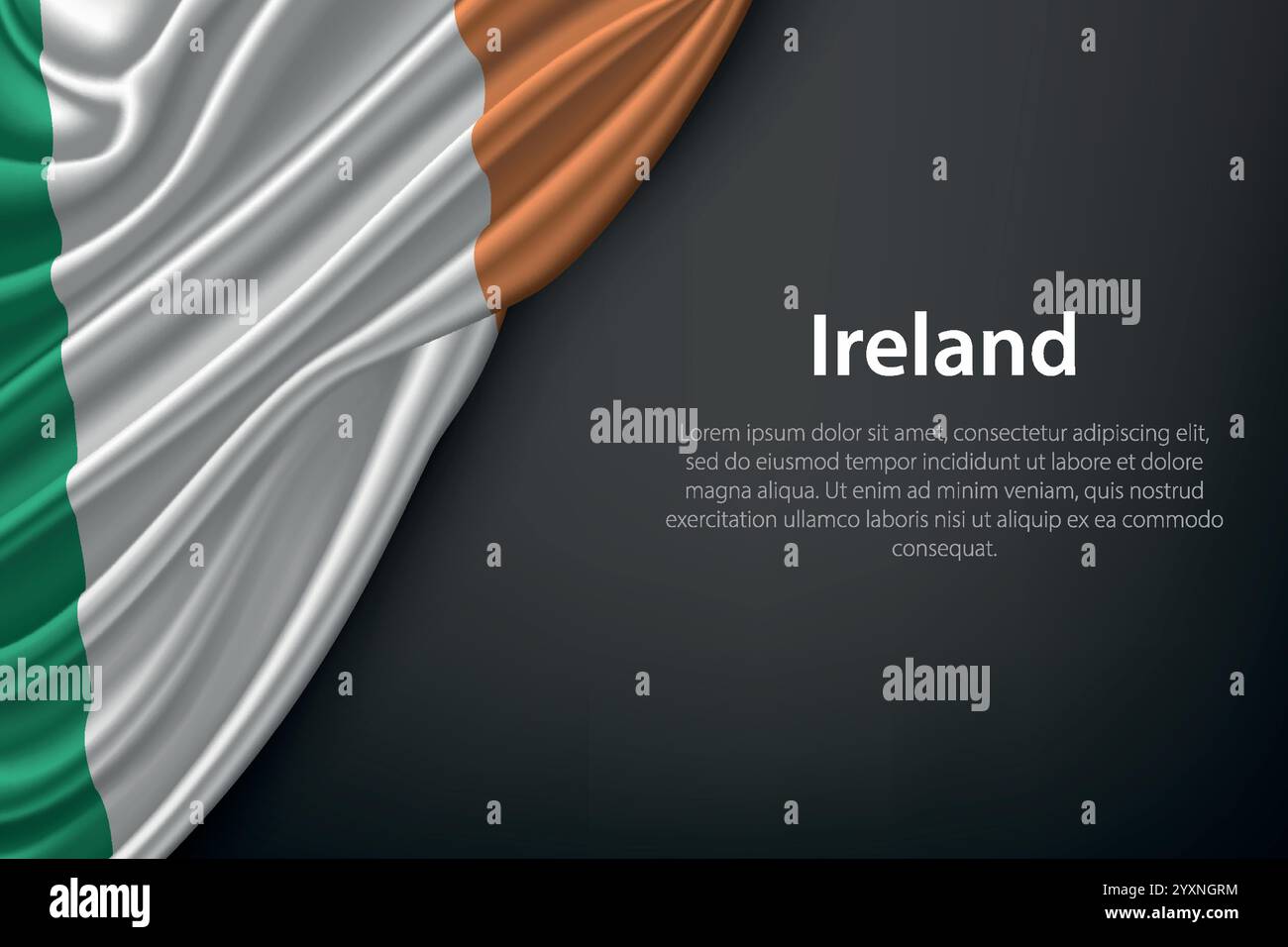 Realistic depiction of the Ireland flag with flowing texture on a dark ...