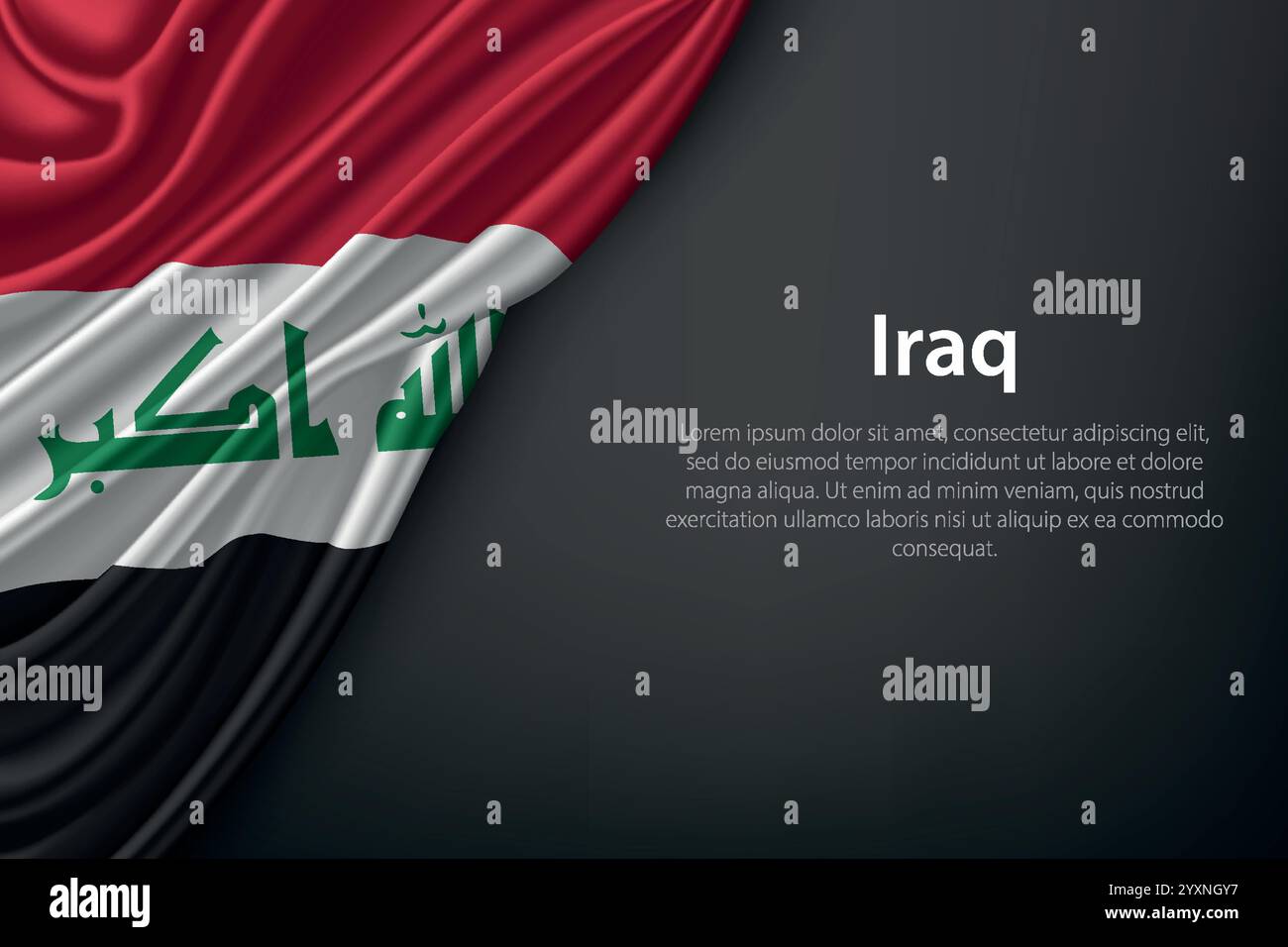 Realistic depiction of the Iraq flag with flowing texture on a dark ...