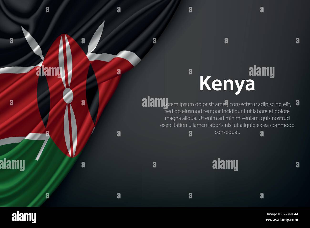 Realistic depiction of the Kenya flag with flowing texture on a dark ...