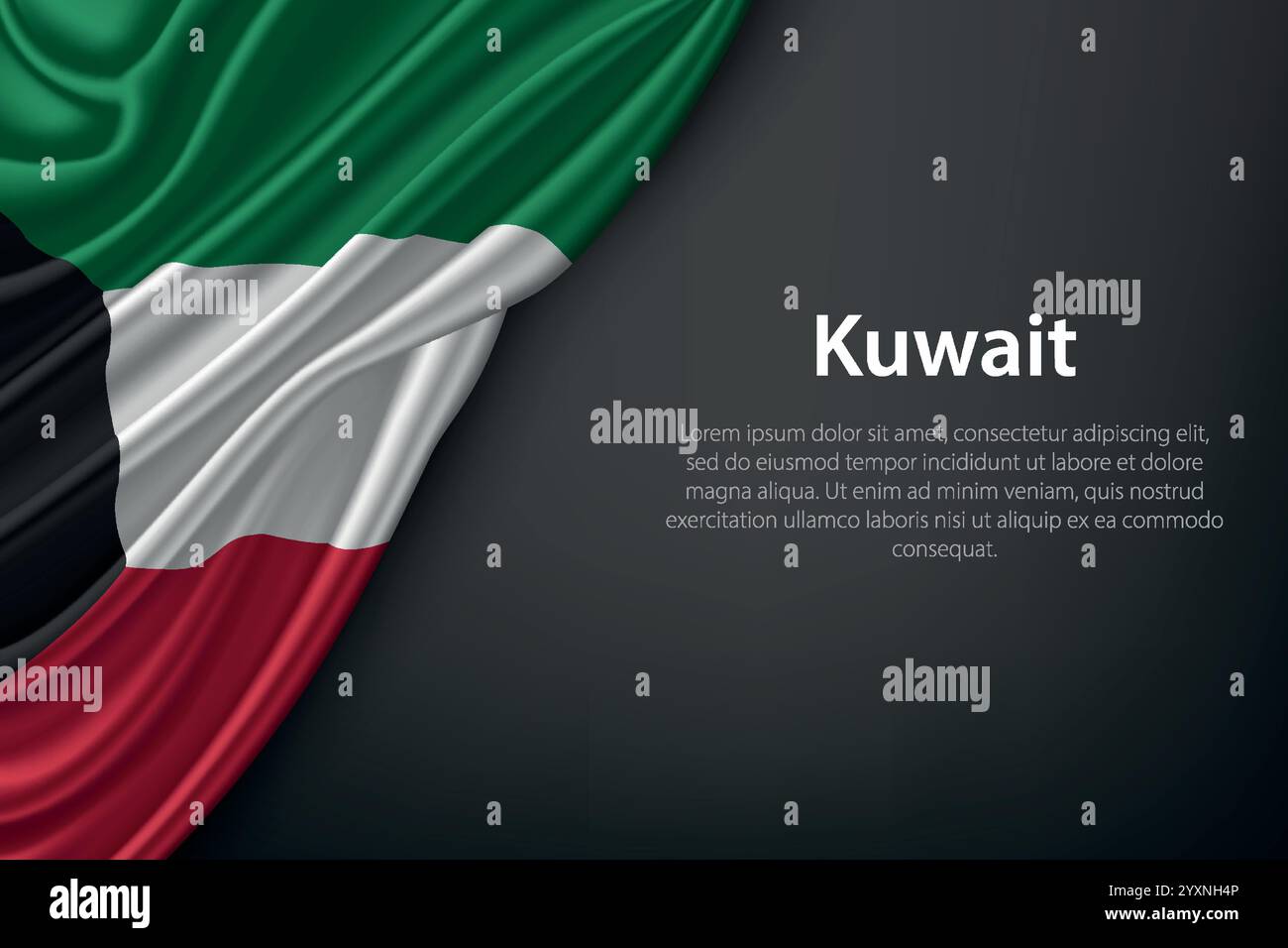Realistic depiction of the Kuwait flag with flowing texture on a dark ...