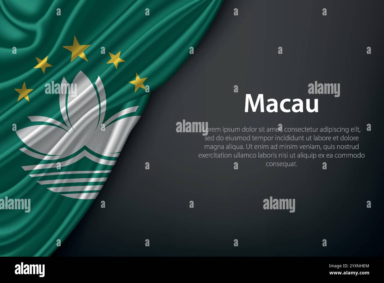 Realistic depiction of the Macau flag with flowing texture on a dark ...