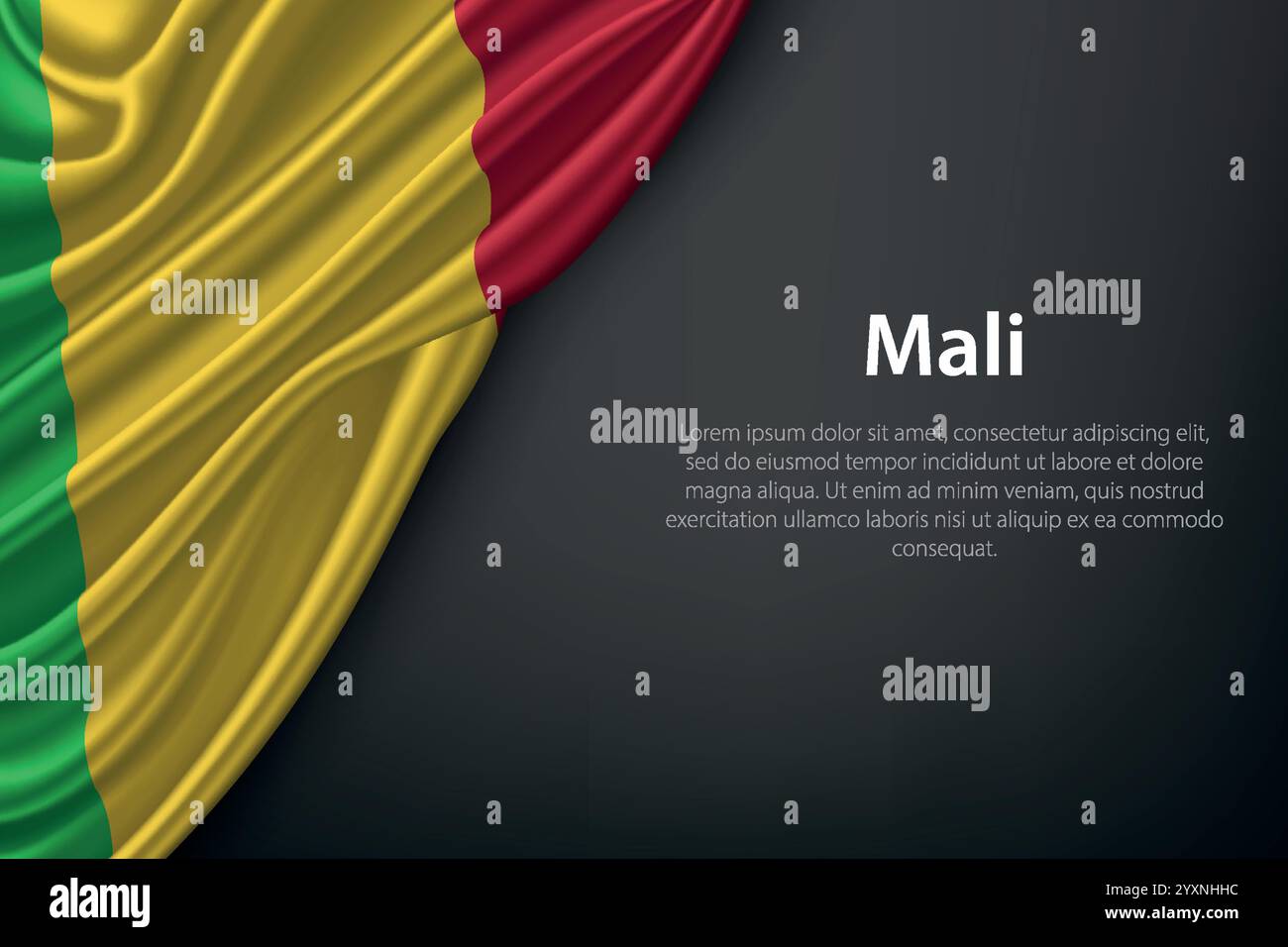 Realistic depiction of the Mali flag with flowing texture on a dark ...