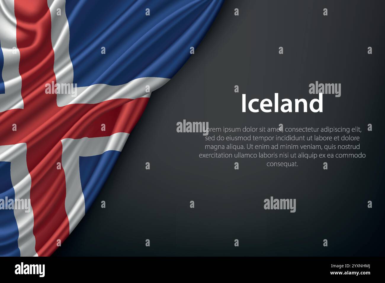 Realistic depiction of the Iceland flag with flowing texture on a dark ...