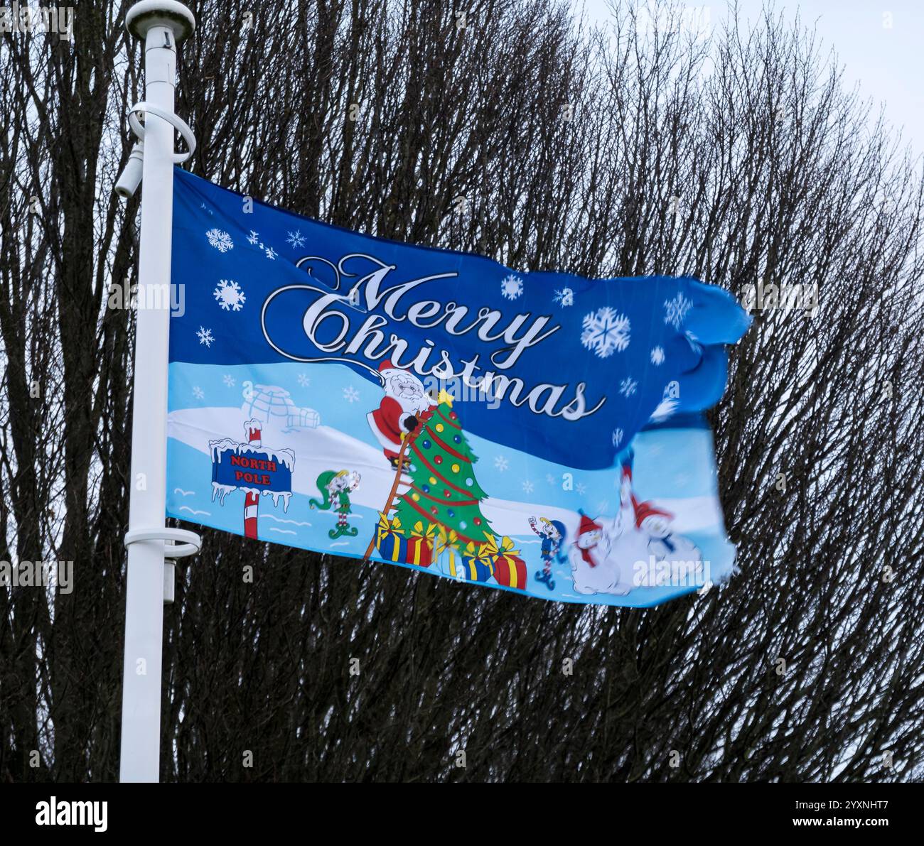 Christmas flag fluttering in the wind, Cherry Willingham, Lincoln ...
