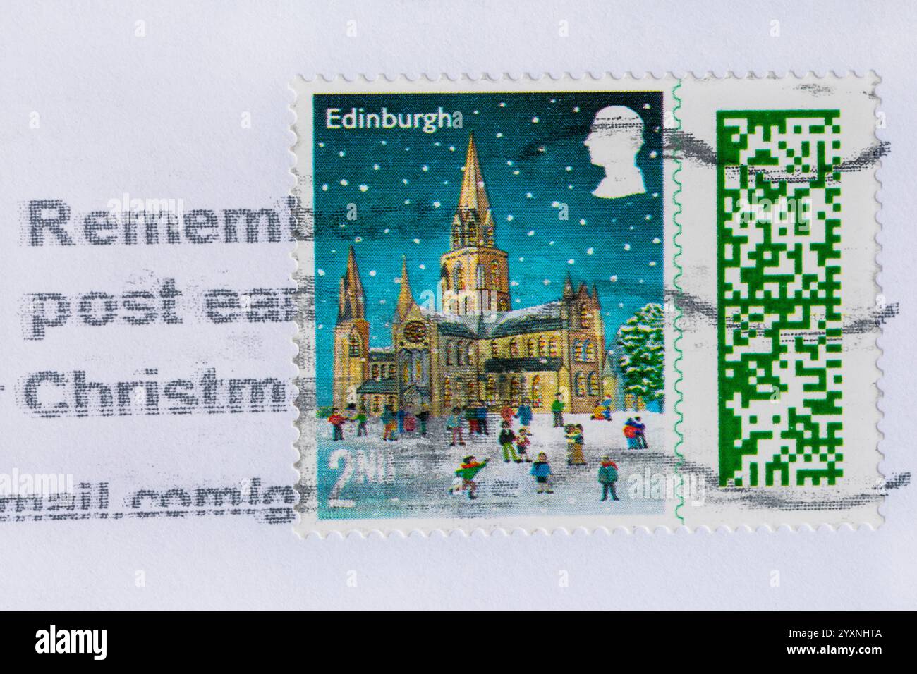 2nd class Christmas stamp stuck on envelope - stamp barcoded, stamp ...
