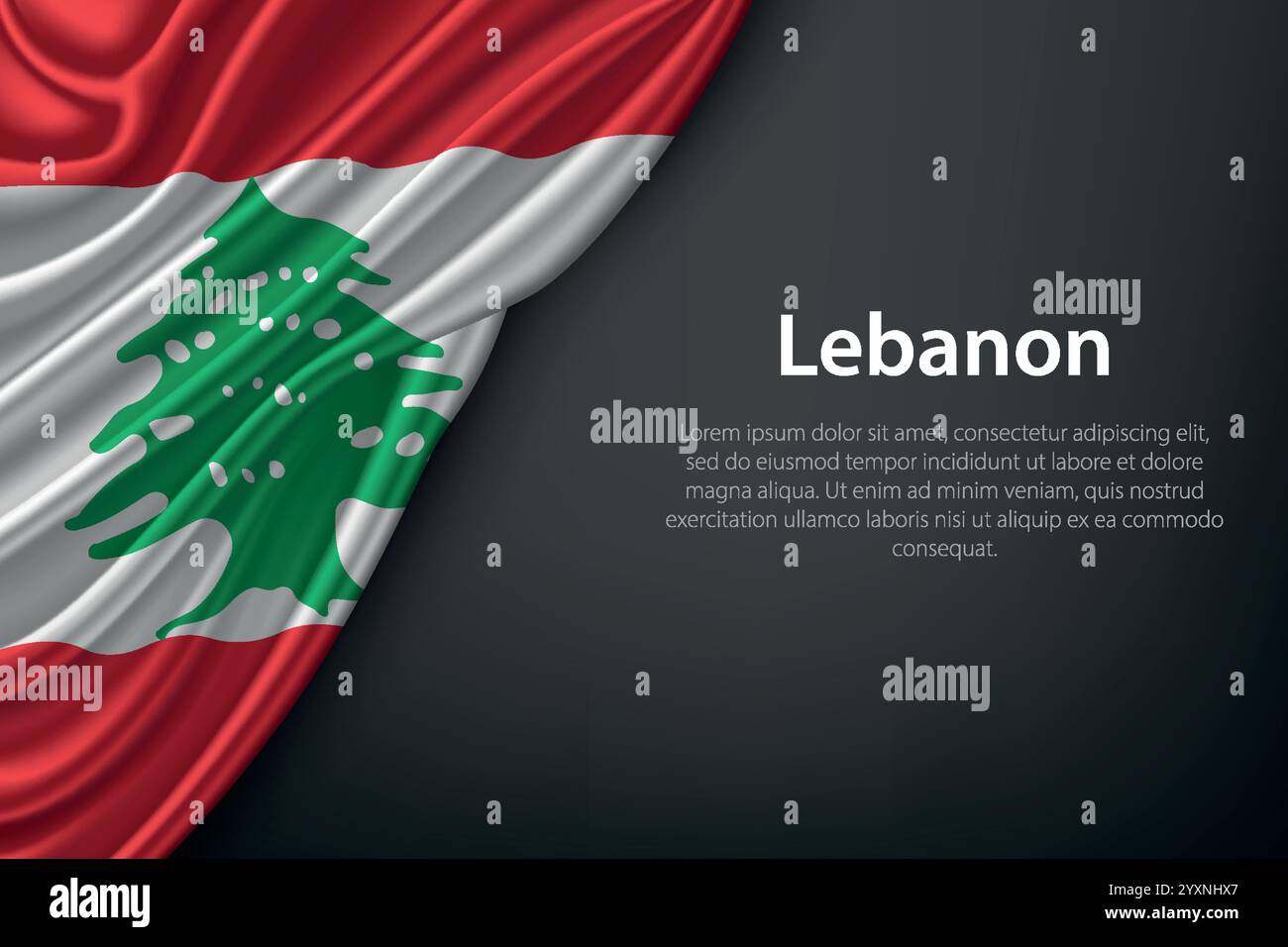 Realistic depiction of the Lebanon flag with flowing texture on a dark ...