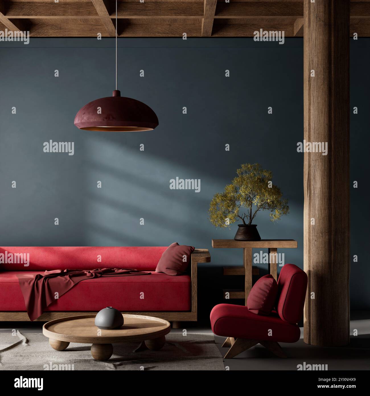 Japanese style interior design with wooden furnitures and raw materials ...