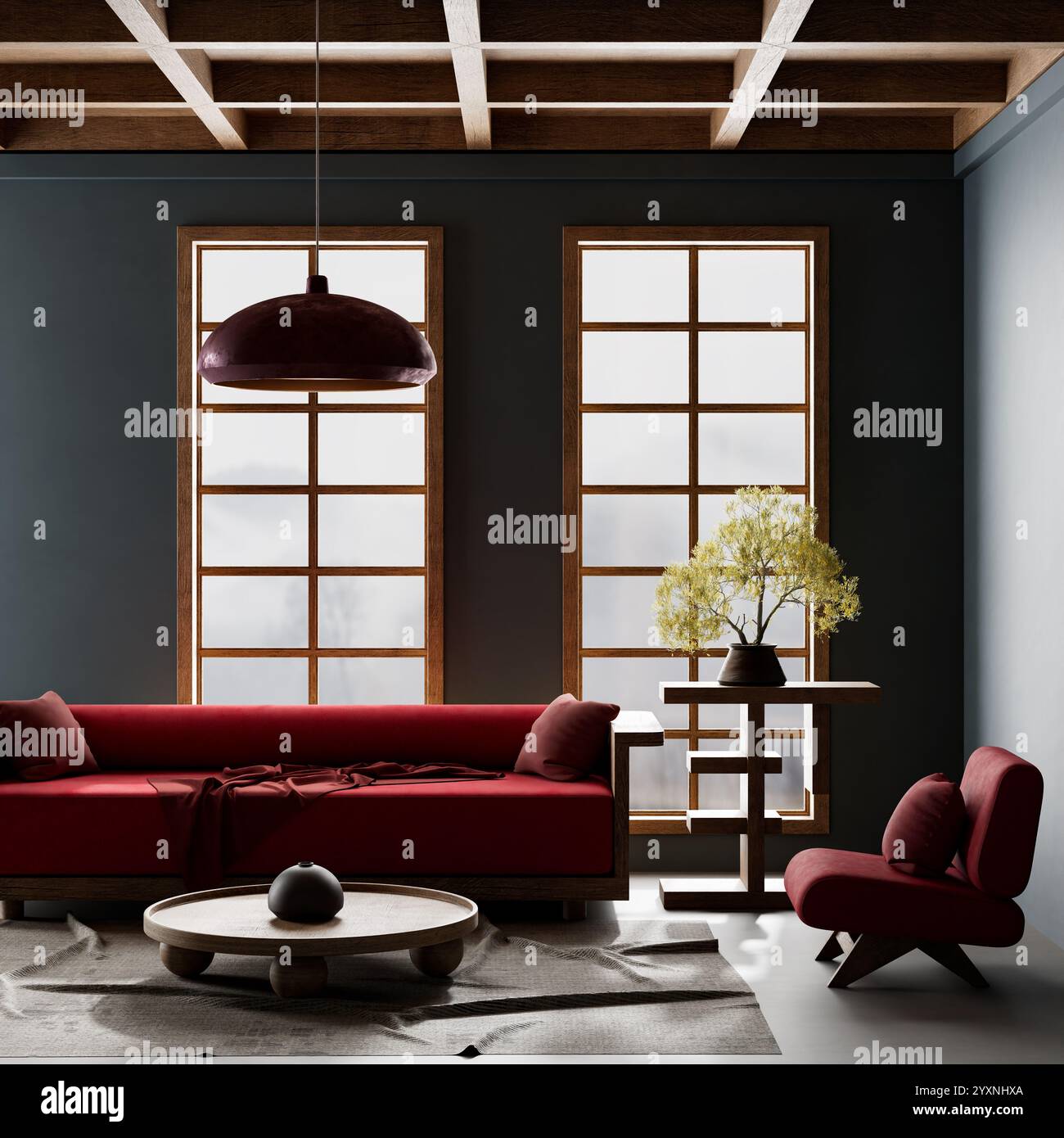 Japanese style interior design with wooden furnitures and raw materials ...