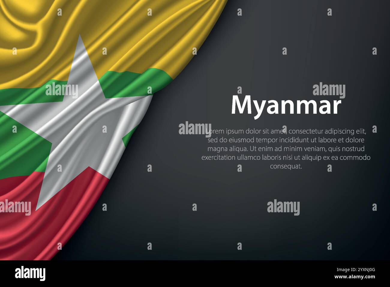 Realistic depiction of the Myanmar flag with flowing texture on a dark ...