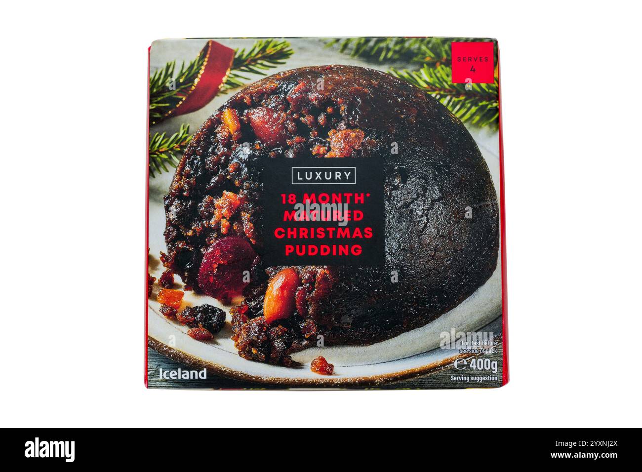 Luxury matured Christmas pudding from Iceland isolated on white ...
