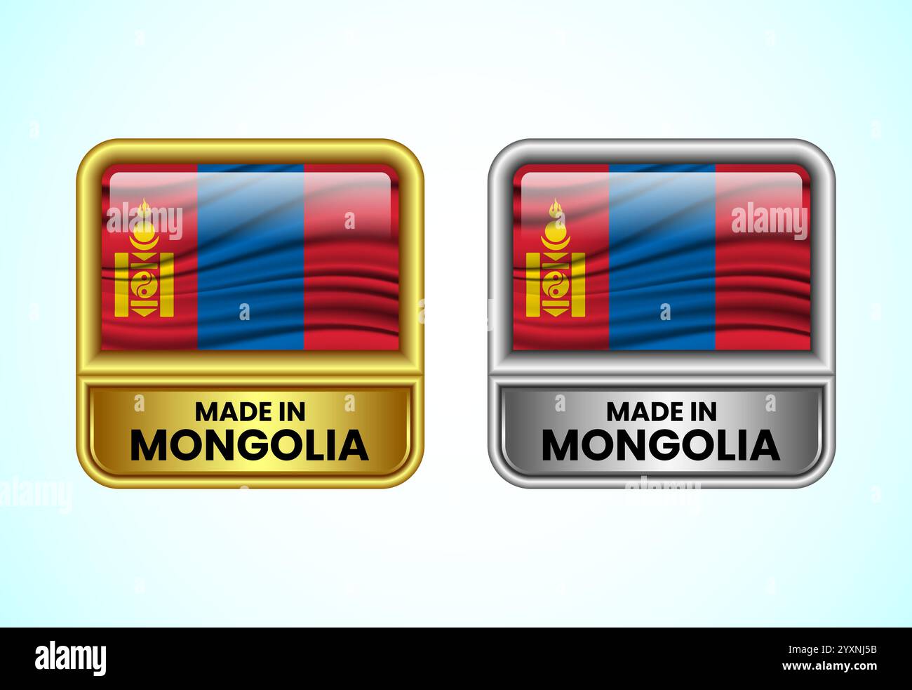 Made in Mongolia label icon in gold and silver color. Flag icon set for ...