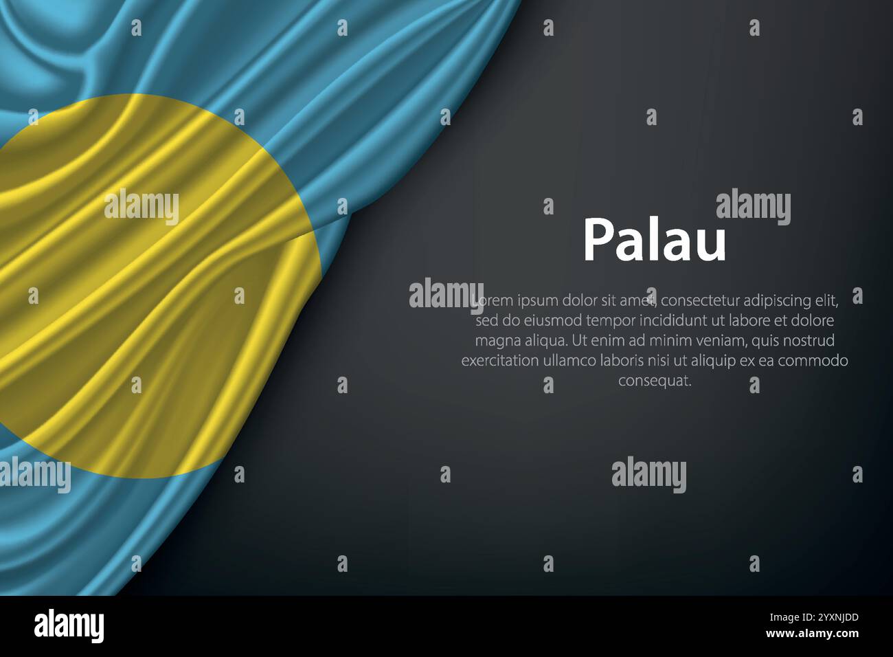 Realistic depiction of the Palau flag with flowing texture on a dark ...