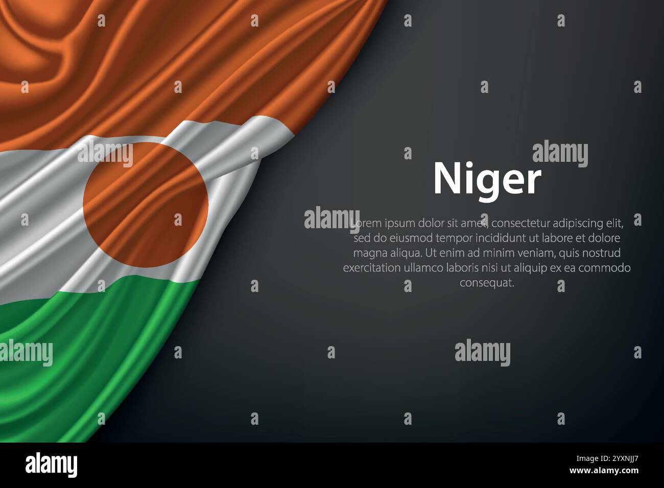 Realistic depiction of the Niger flag with flowing texture on a dark ...