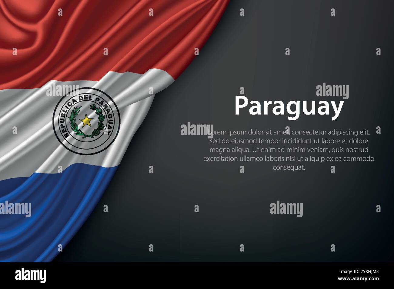 Realistic depiction of the Paraguay flag with flowing texture on a dark ...