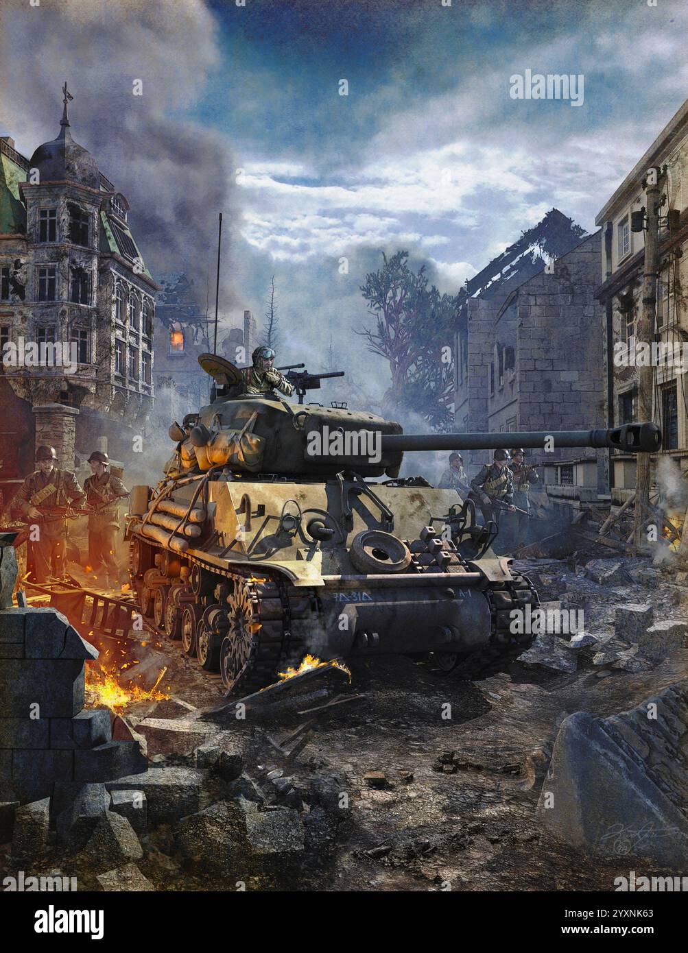 U.S. Sherman tank platoon rolling through a destroyed German town of ...