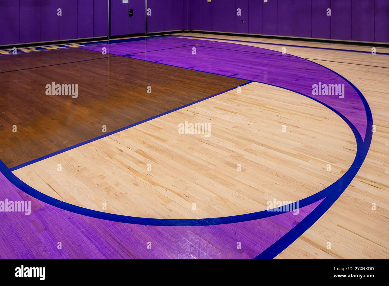 New Interior wooden gym floor with purple, blue, painted basketball ...