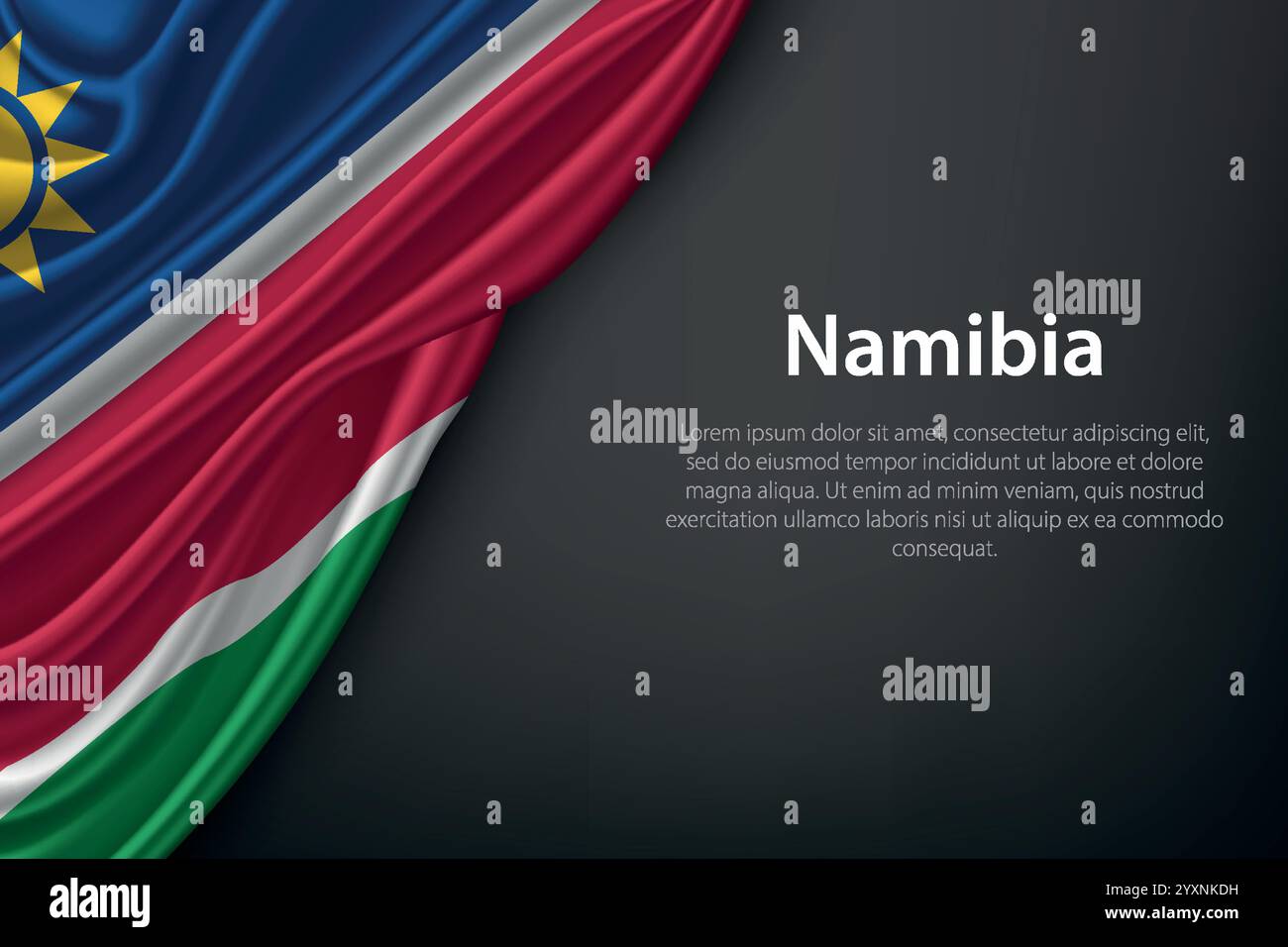 Realistic depiction of the Namibia flag with flowing texture on a dark ...