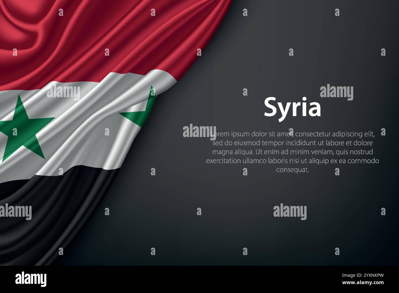 Realistic depiction of the Syria flag with flowing texture on a dark ...