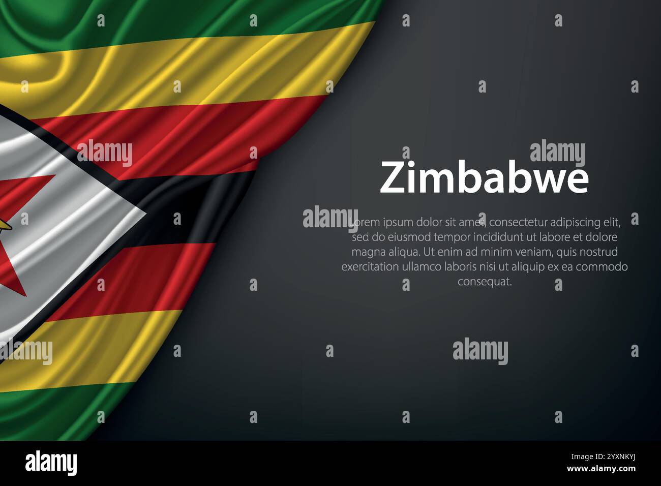 Realistic depiction of the Zimbabwe flag with flowing texture on a dark ...