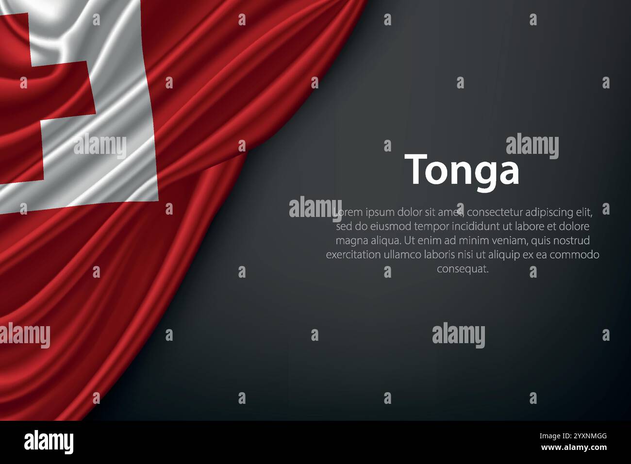 Realistic depiction of the Tonga flag with flowing texture on a dark ...