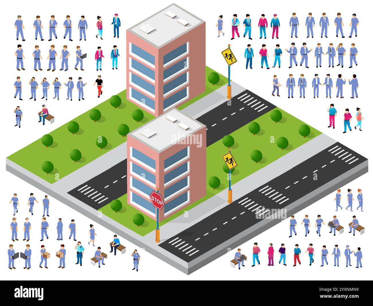 Isometric view of a city street featuring office buildings, roads with ...