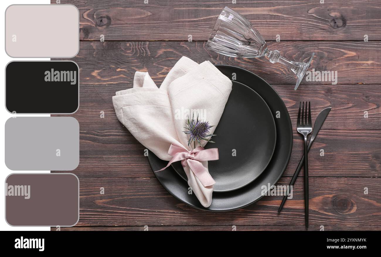 Modern table setting on wooden background. Different color patterns ...