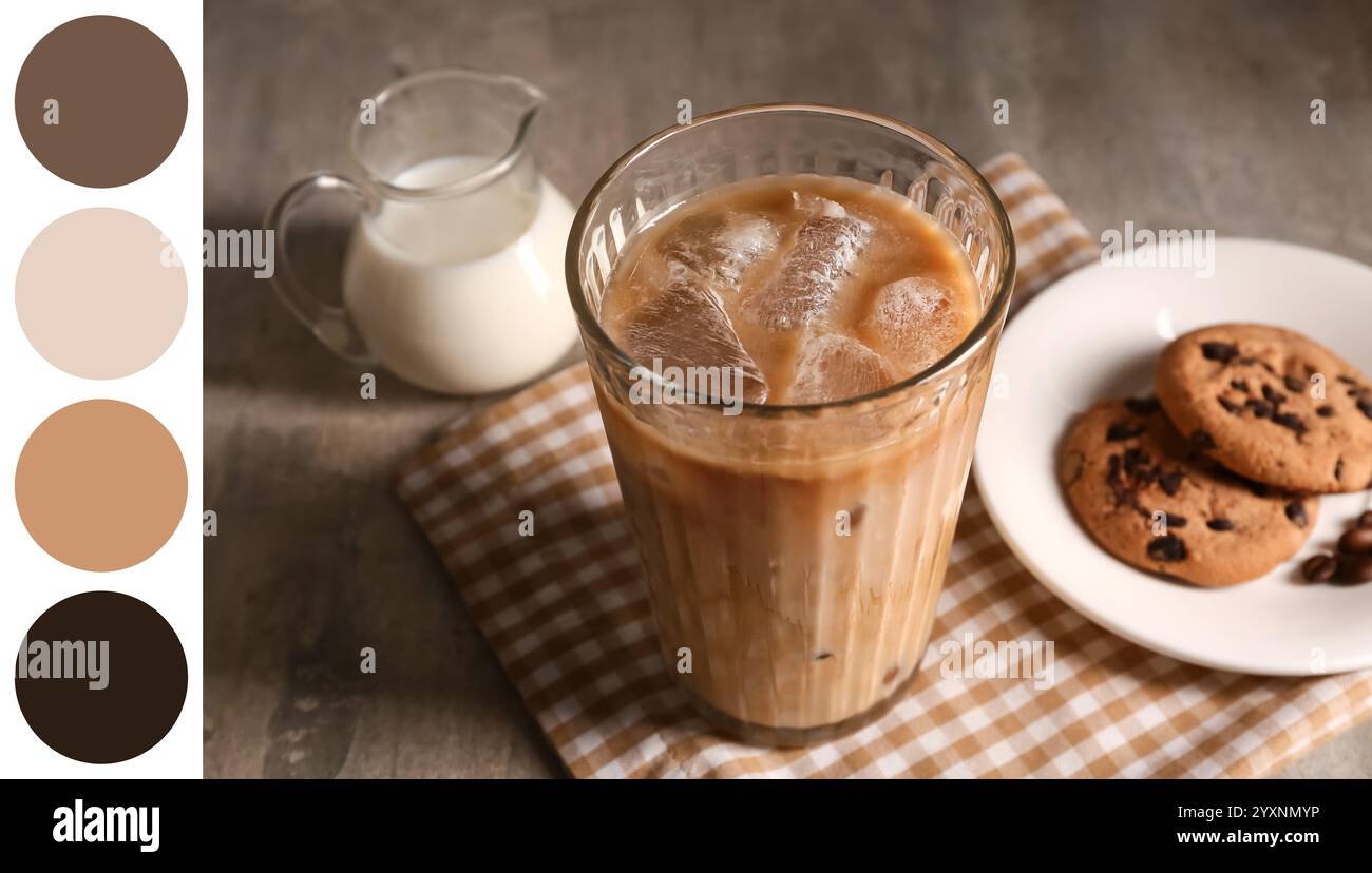 Glass of iced latte on grey background. Different color patterns Stock ...