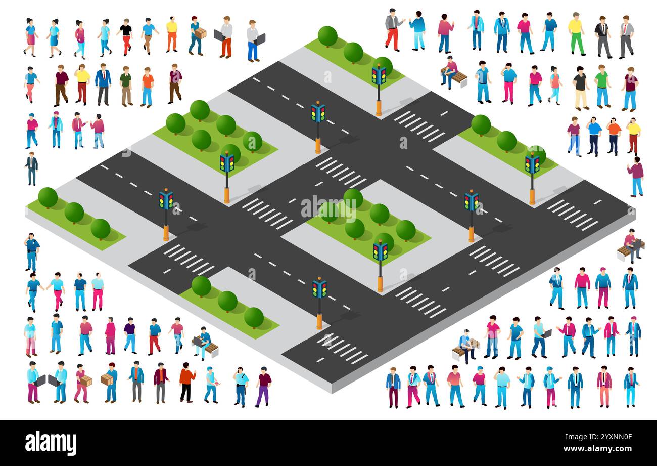 Isometric city map featuring a crossroads with traffic lights ...