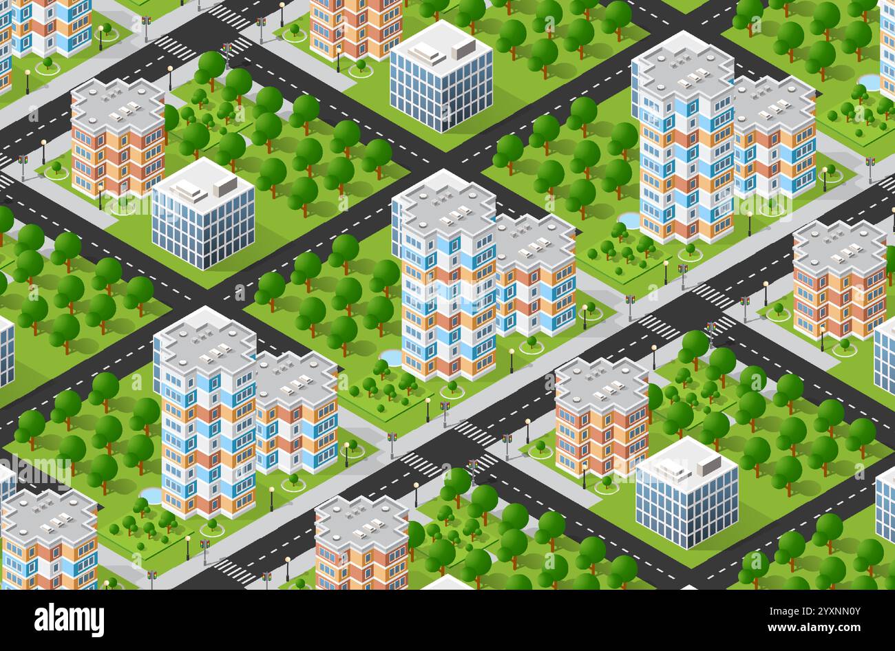 Isometric view of a modern city with colorful skyscrapers, lush green ...
