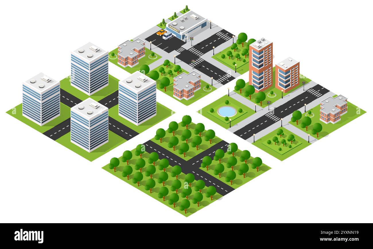 Set of urban elements forming a modern city, including skyscrapers ...