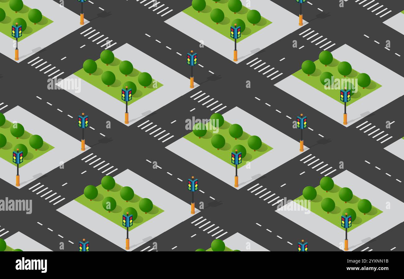 Isometric pattern of city crossroads with traffic lights regulating ...