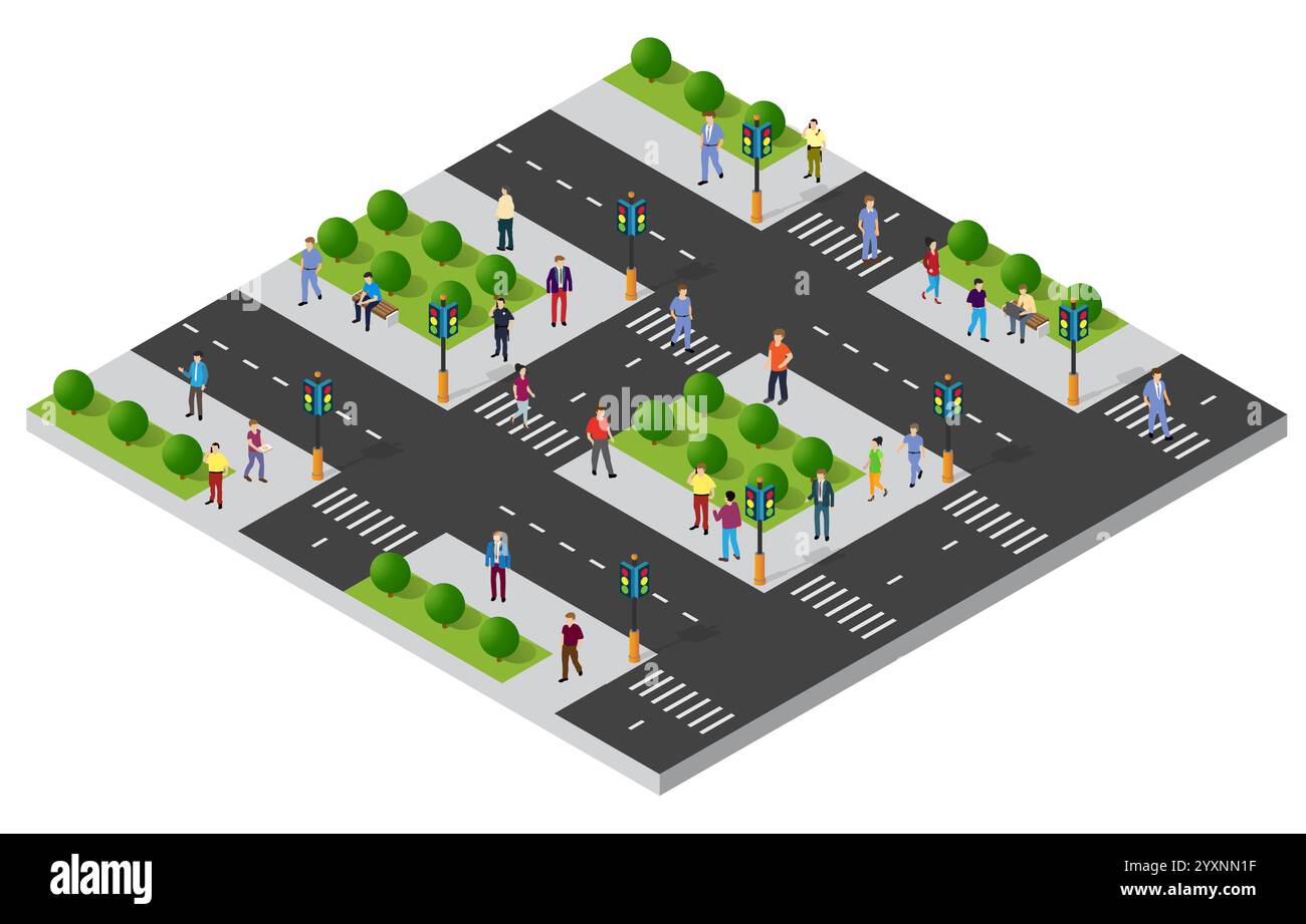 Isometric city intersection with traffic lights, pedestrians walking ...