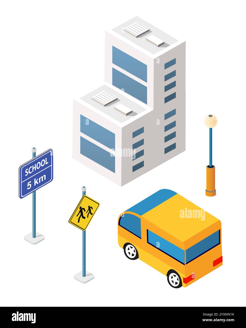 School bus moving on road near school building, road signs and street ...