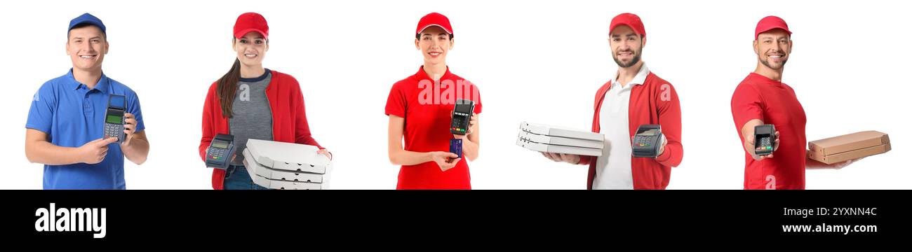 Collage of delivery service workers with payment terminals on white ...