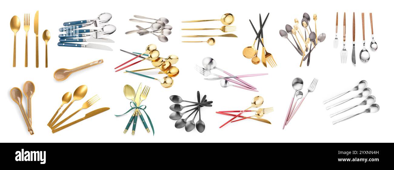 Set of different cutlery on white background Stock Photo - Alamy