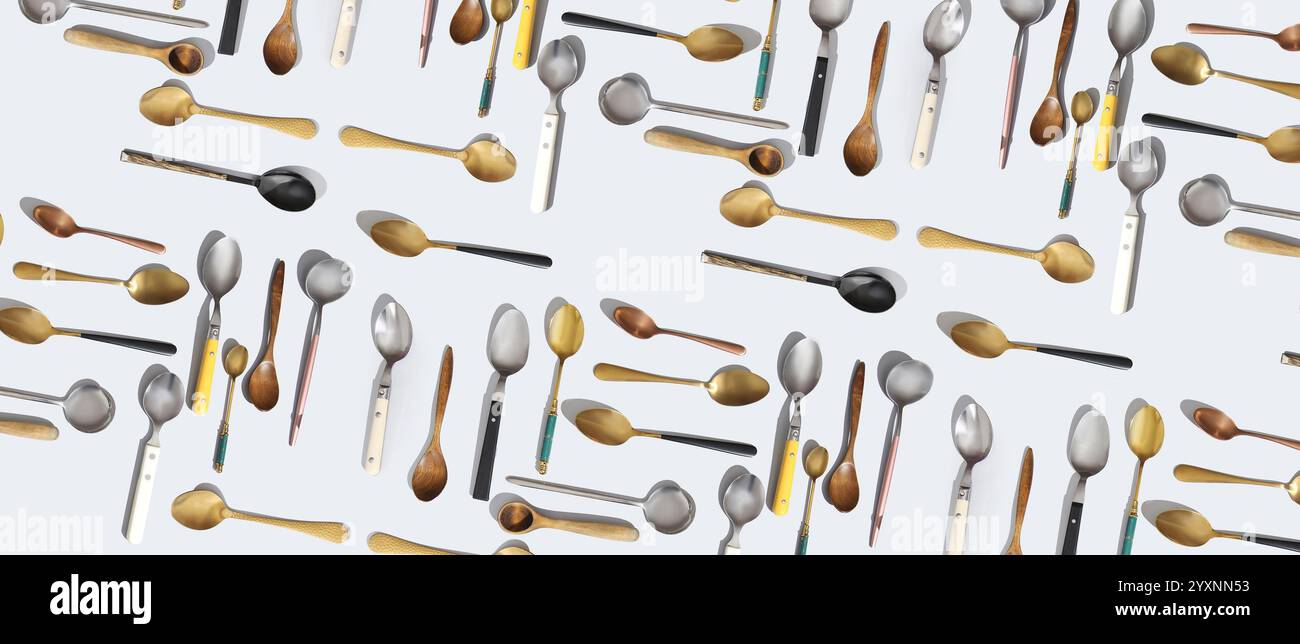 Many different spoons on white background. Pattern for design Stock ...