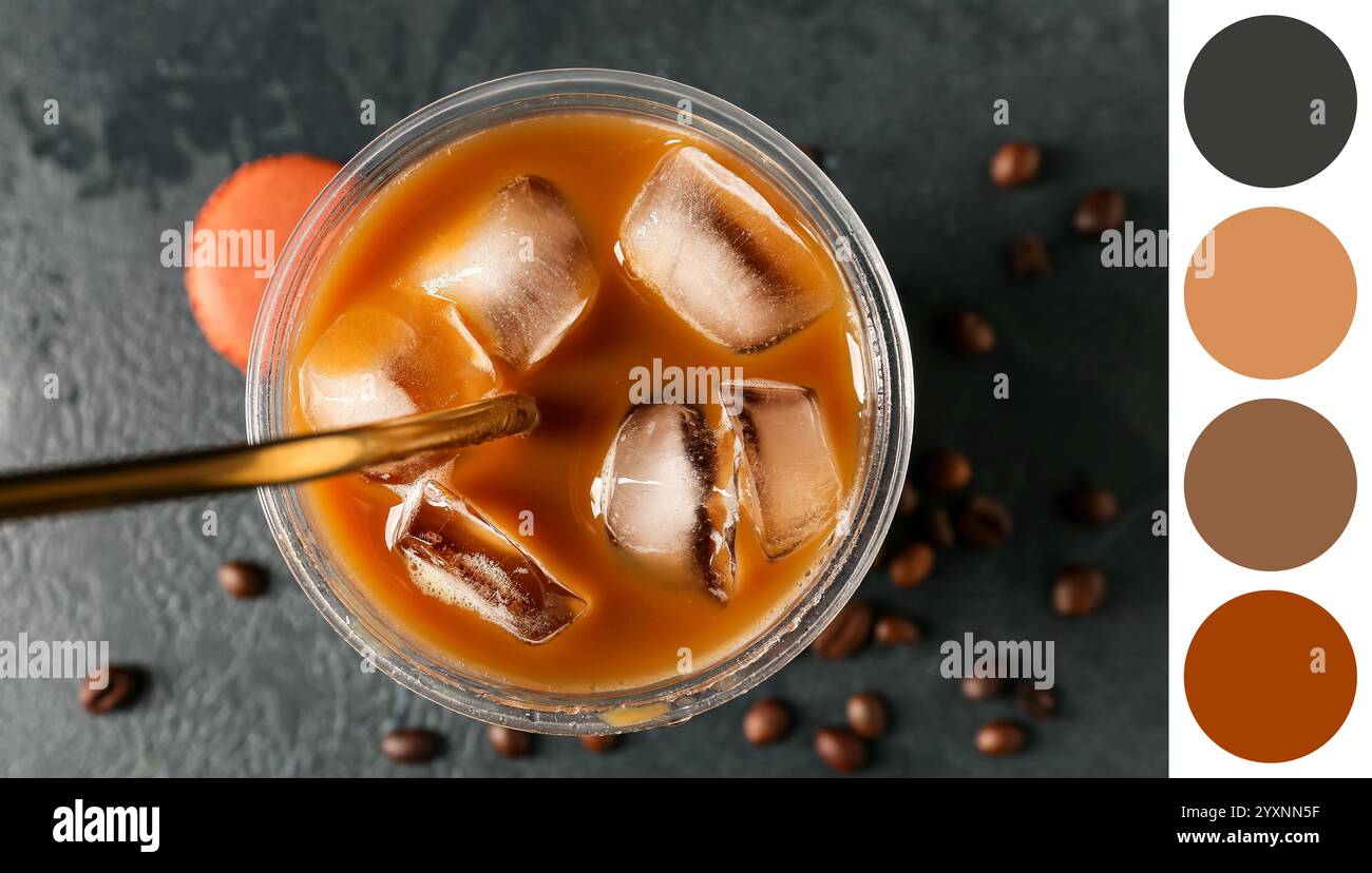 Plastic cup of iced coffee on dark background, closeup. Different color ...