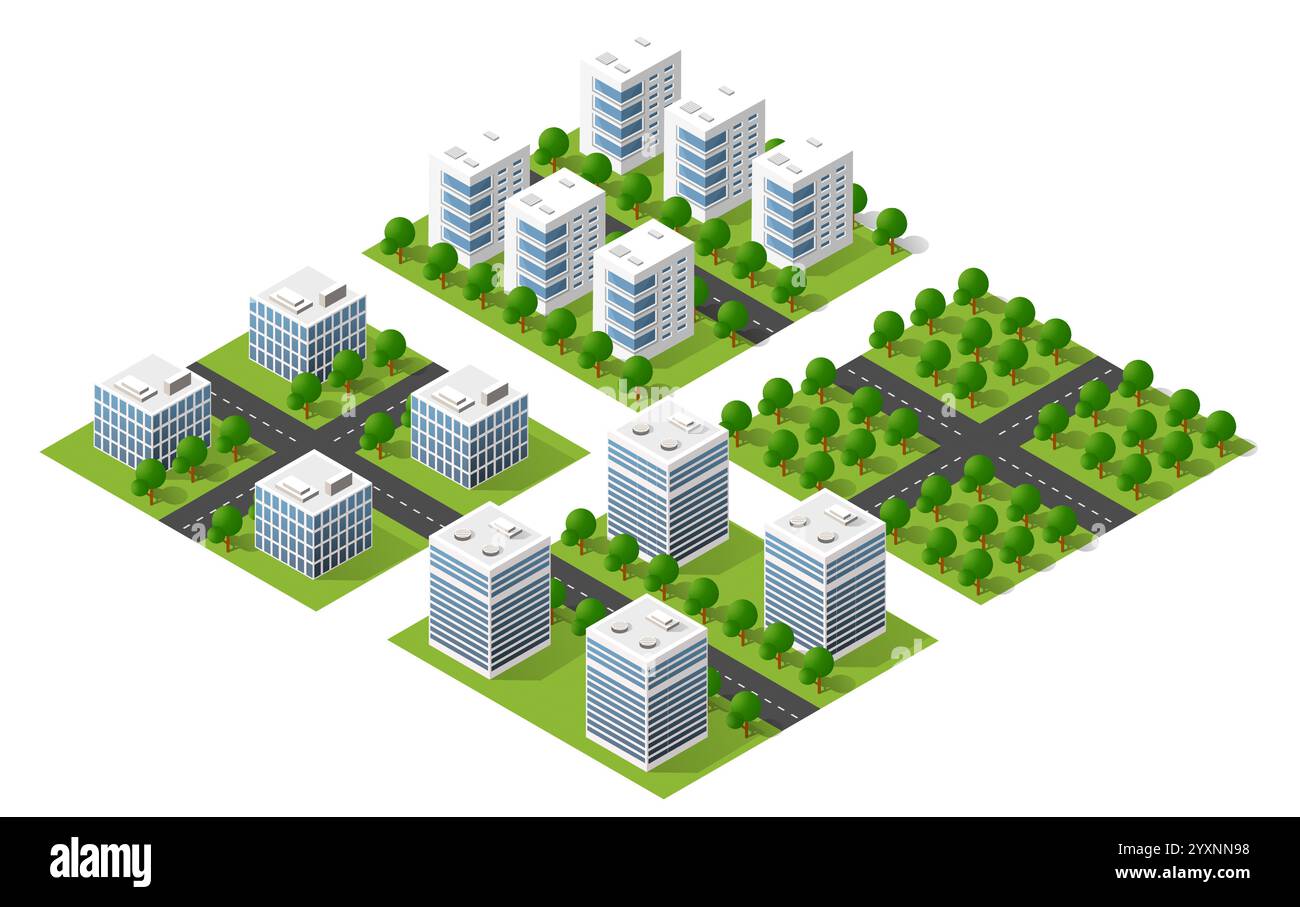 Isometric view of a modern city with buildings, roads, and green parks ...