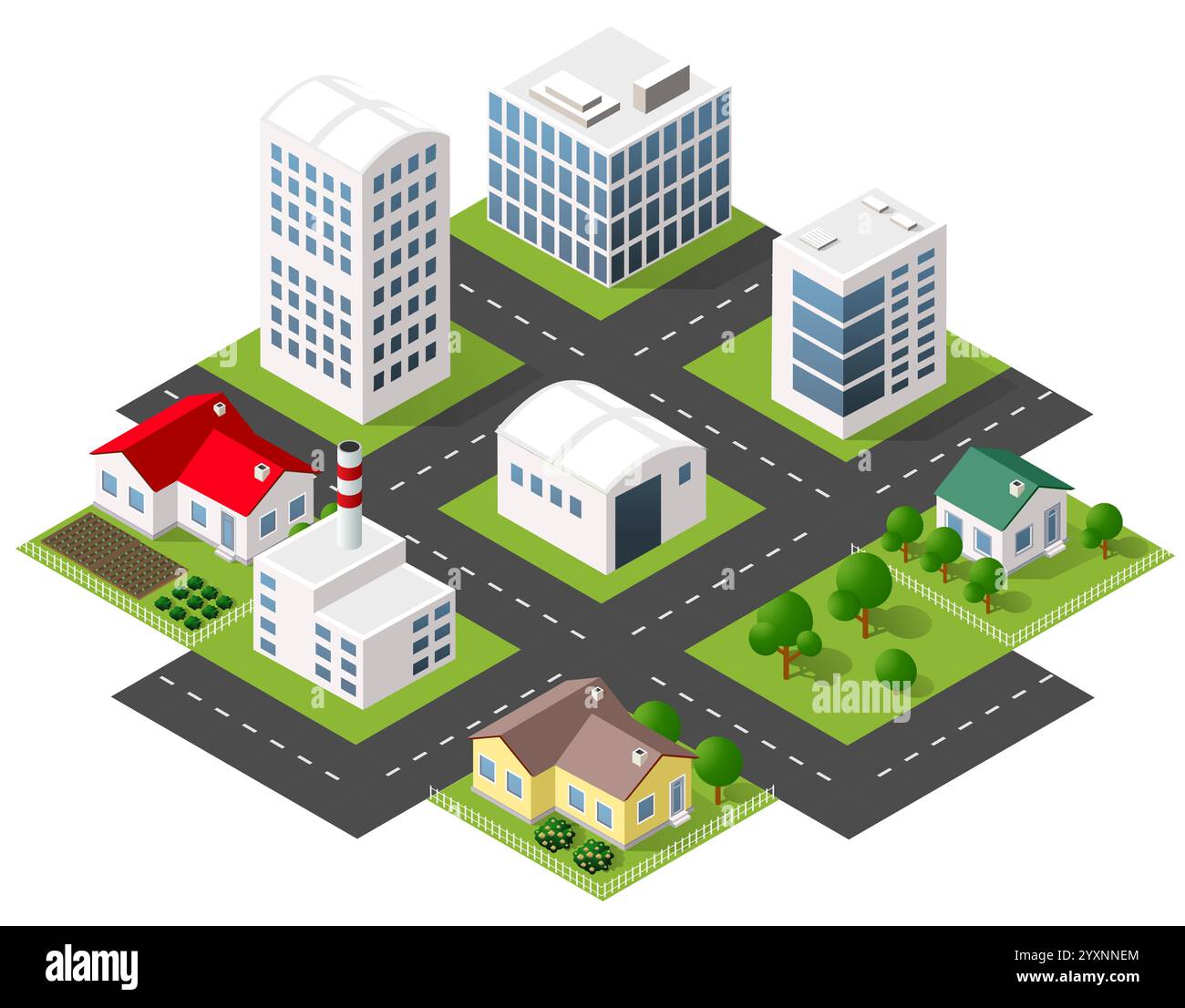 Isometric view of a diverse urban landscape, featuring houses ...