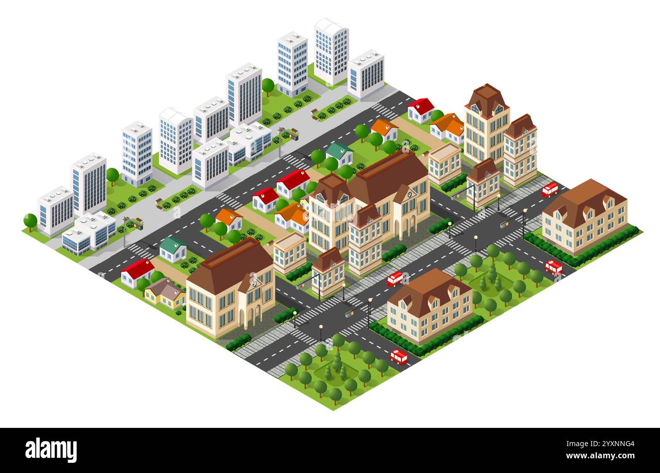Isometric city view featuring skyscrapers, residential houses, roads ...