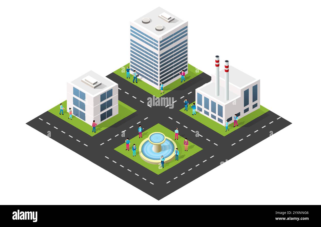Isometric city view showing office buildings, factory, park with ...