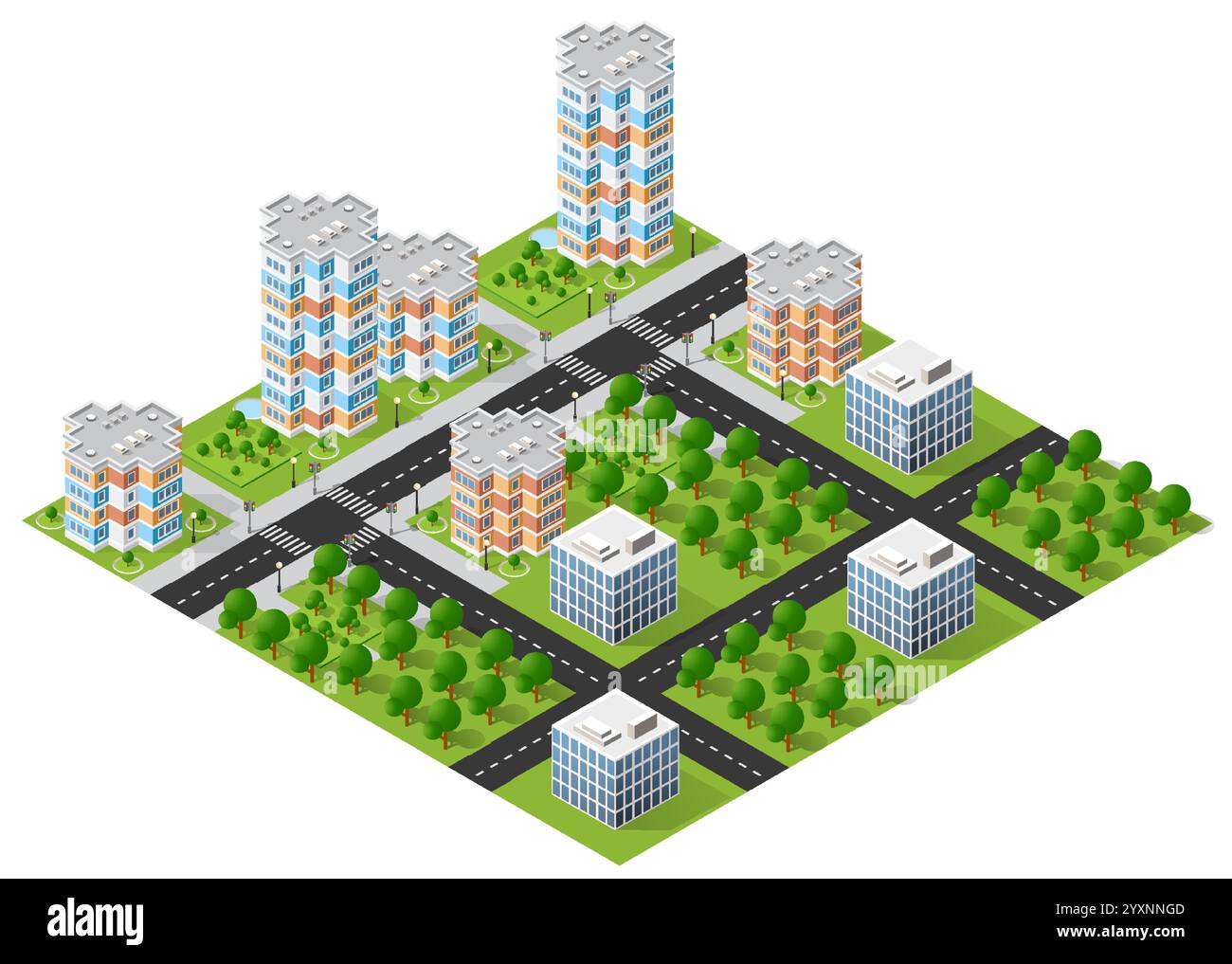 Isometric view of a modern city center with skyscrapers, roads ...