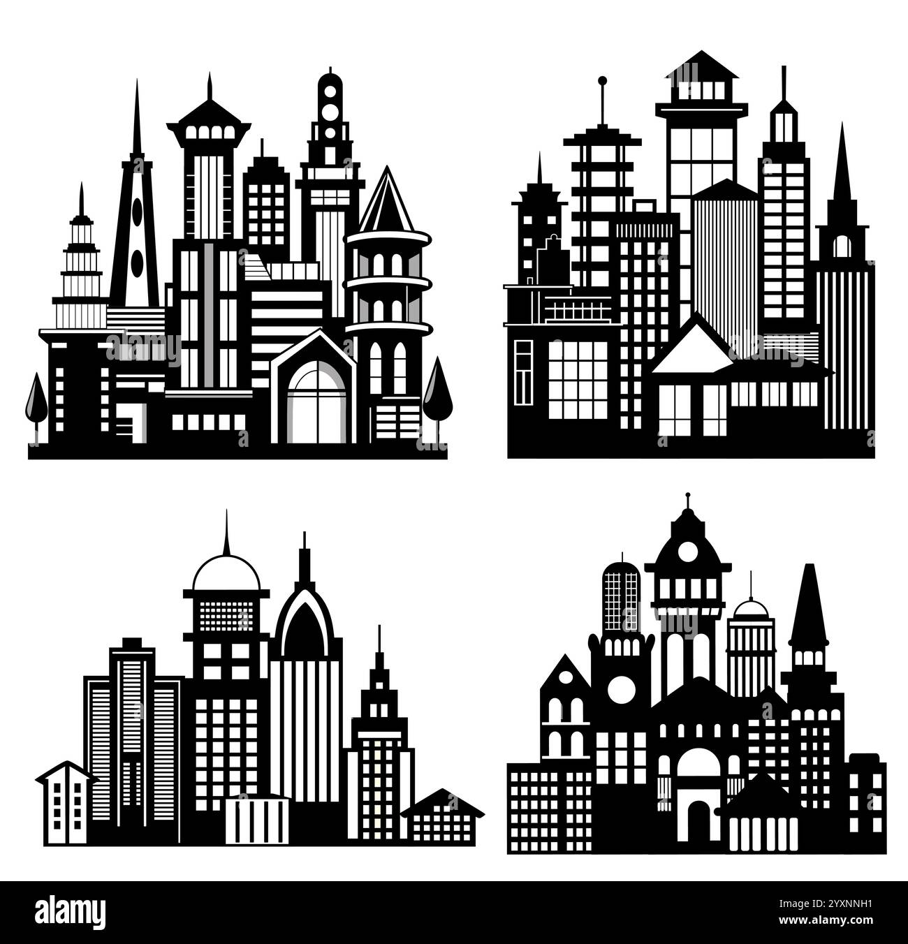 Four distinct city skylines rise, showcasing diverse architectural ...