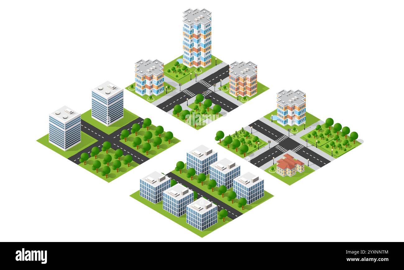 Isometric city tiles representing modern buildings, parks, roads, and ...