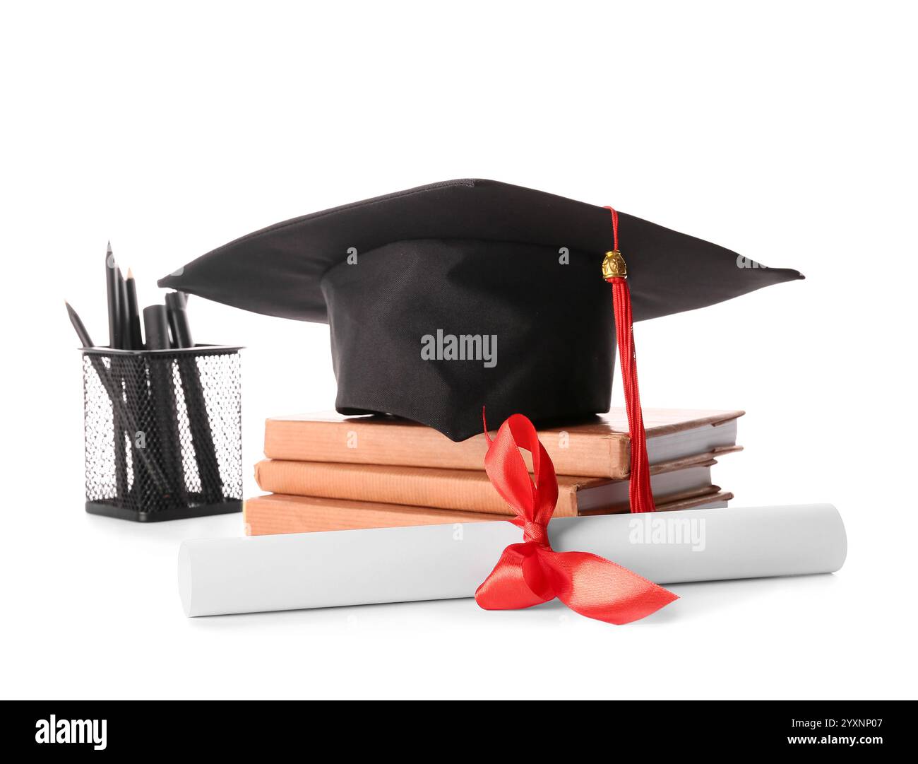 Diploma with books and mortar board on white background Stock Photo - Alamy