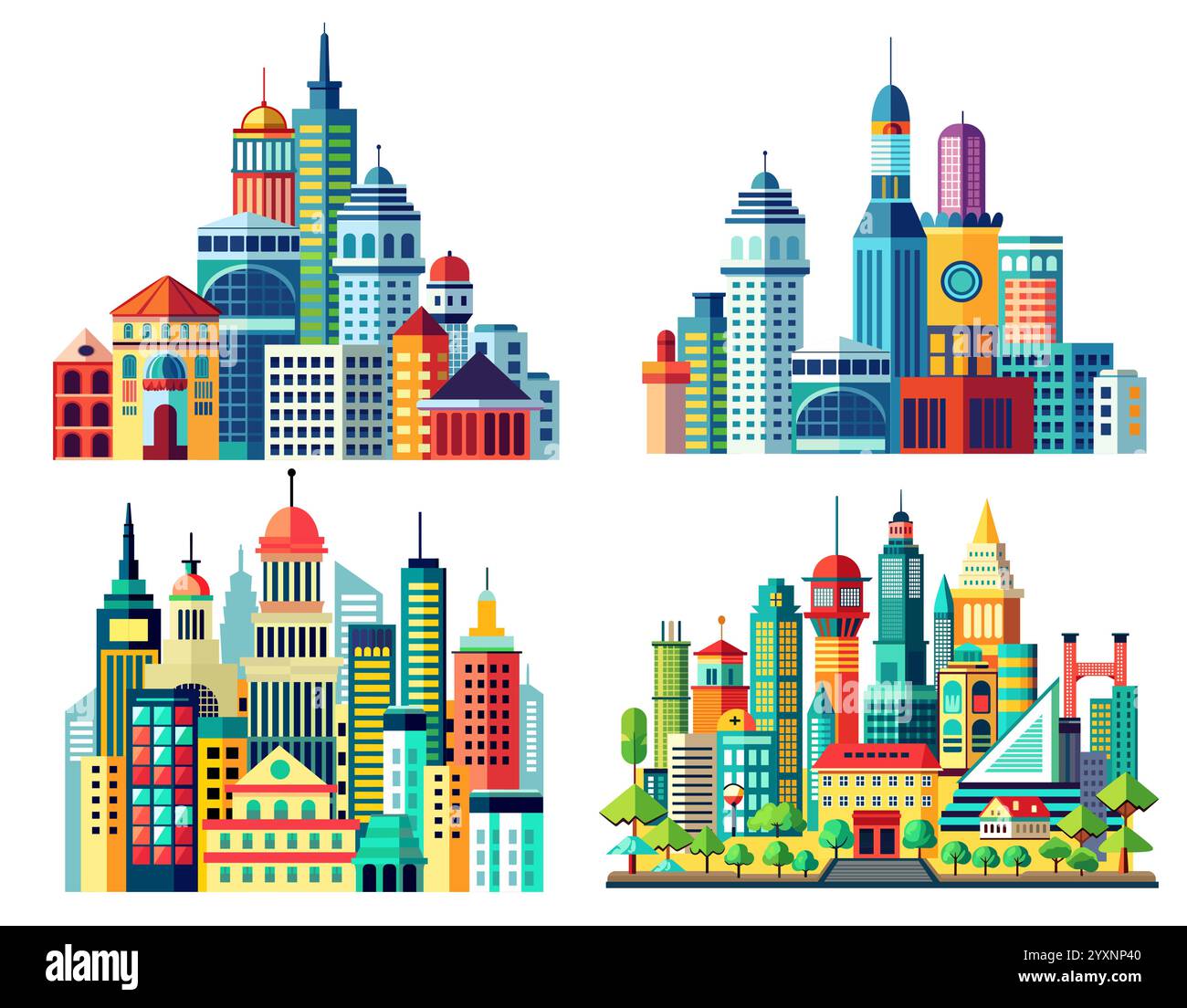 Four colorful cityscapes with various building types representing modern and futuristic urban ...
