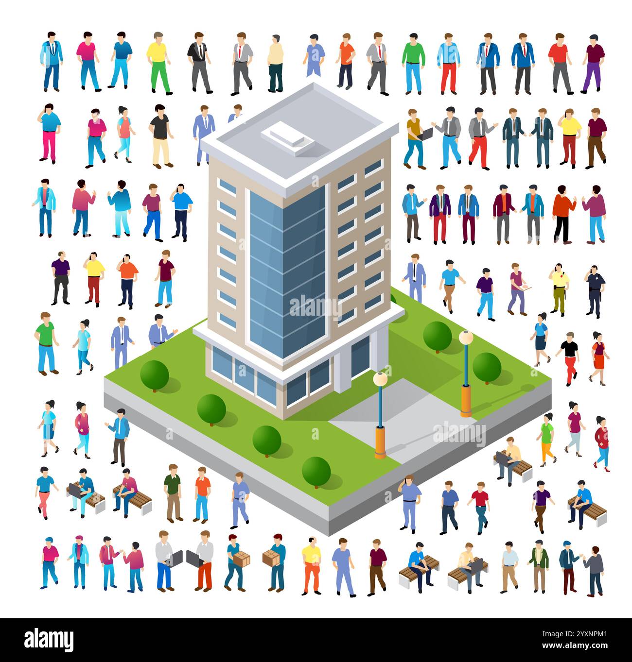 Isometric office building with surrounding green areas and a diverse ...