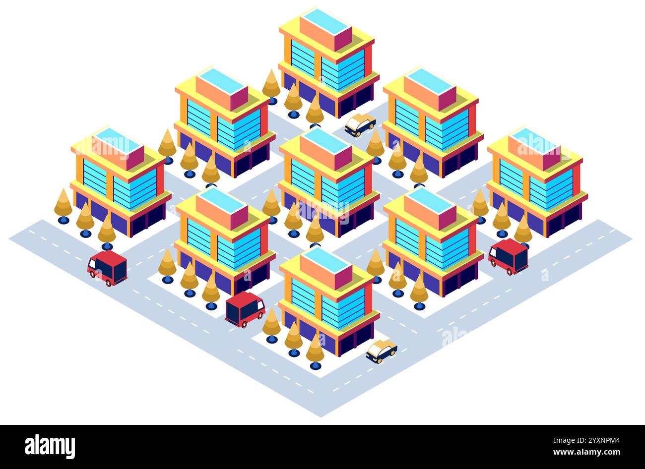 Isometric city with colorful buildings, trees, roads, and cars and vans ...