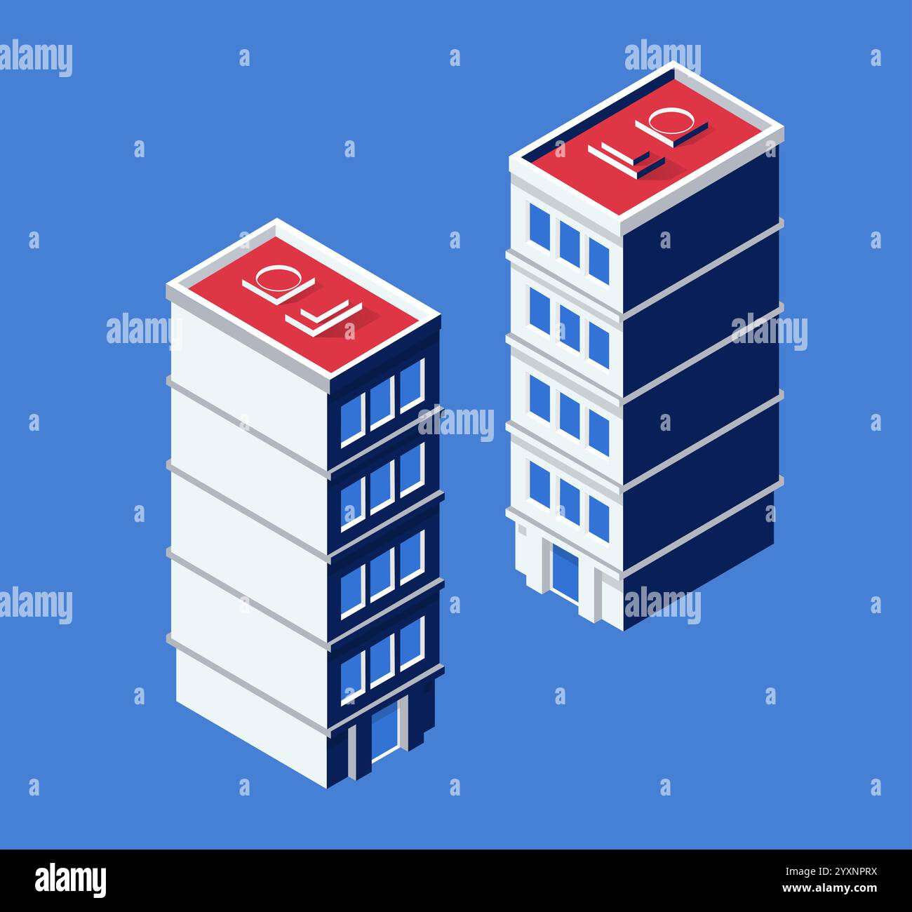 Isometric buildings with rooftop terraces represent urban development ...