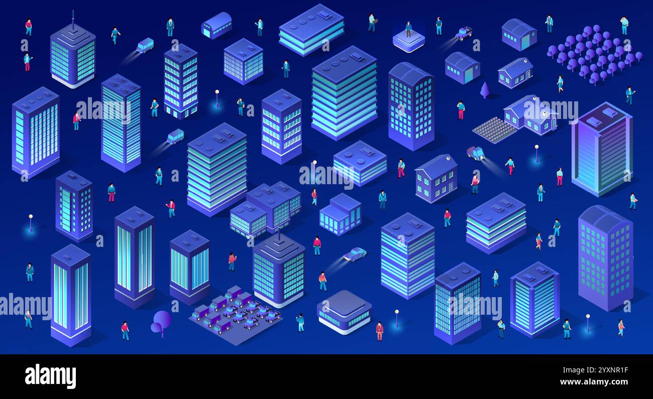 Isometric futuristic smart city with many modern buildings, skyscrapers ...